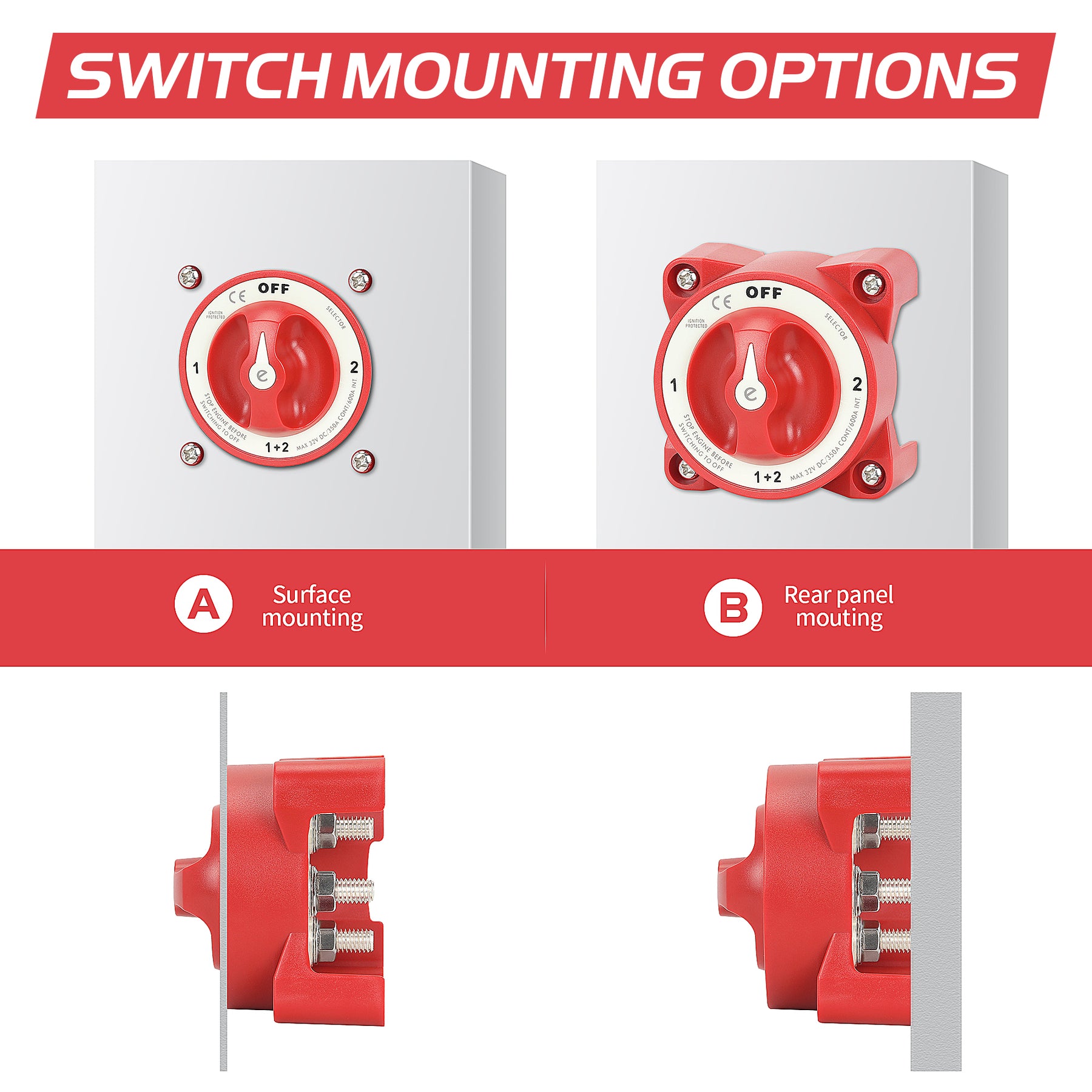 350A 12-32VDC OFF-1-Both-2 4 Position Manual Selector Battery Switch ...