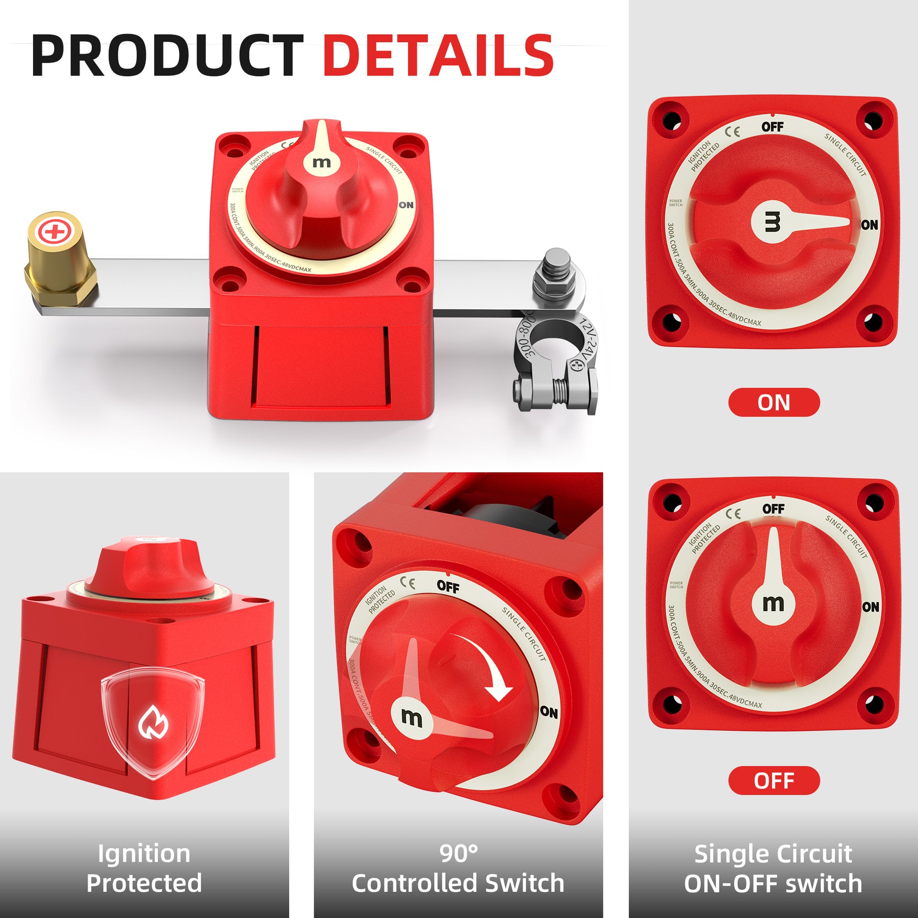 300A 12-48VDC Single Circuit ON/OFF Top Post Battery Disconnect Switch ...