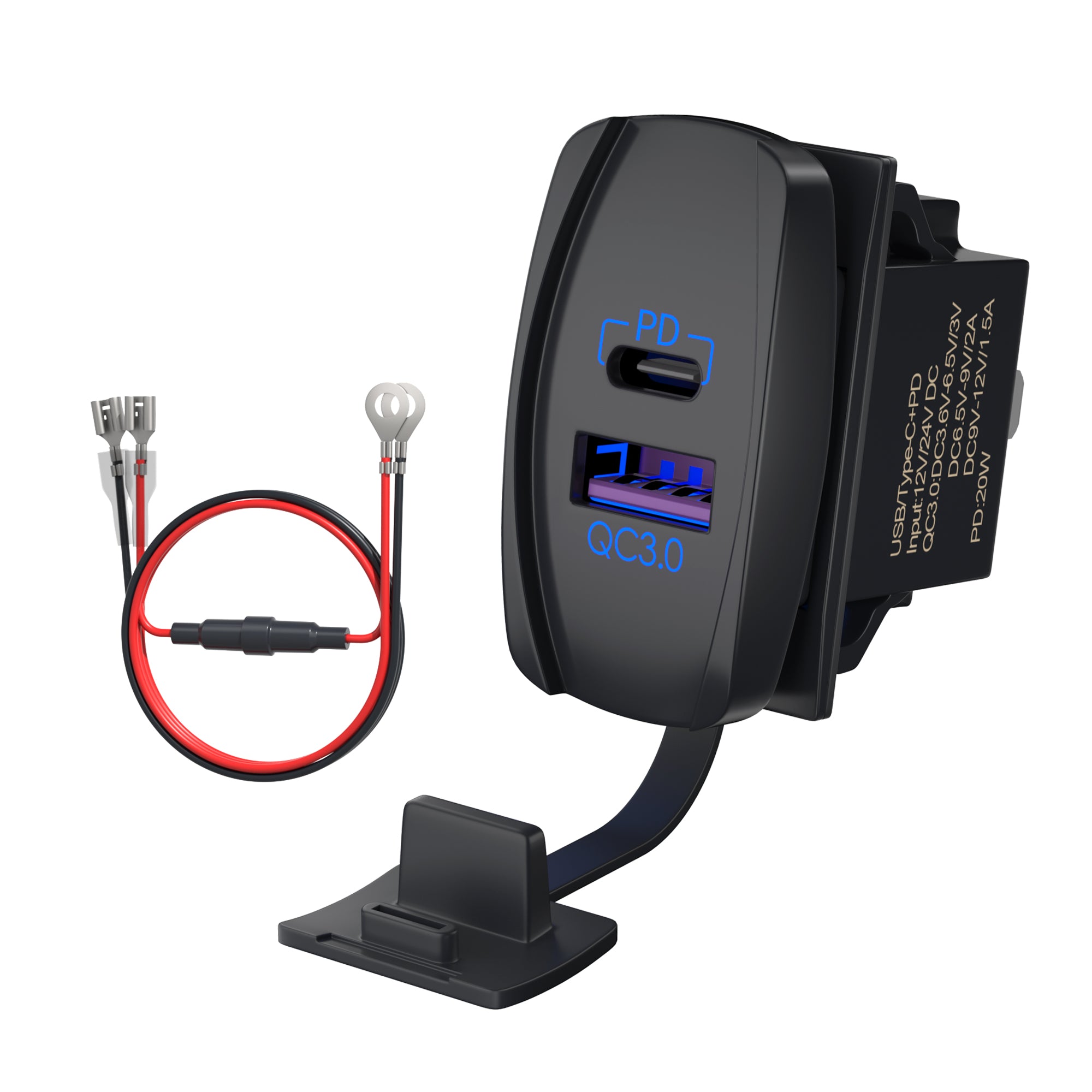 38W 12V/24V PD 3.0 & QC 3.0 Dual Port USB Rocker Switch Charger – DAIER