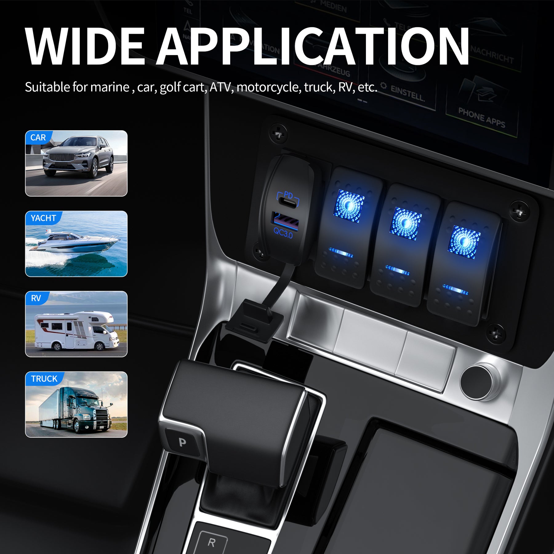 38W 12V/24V PD 3.0 & QC 3.0 Dual Port USB Rocker Switch Charger – DAIER