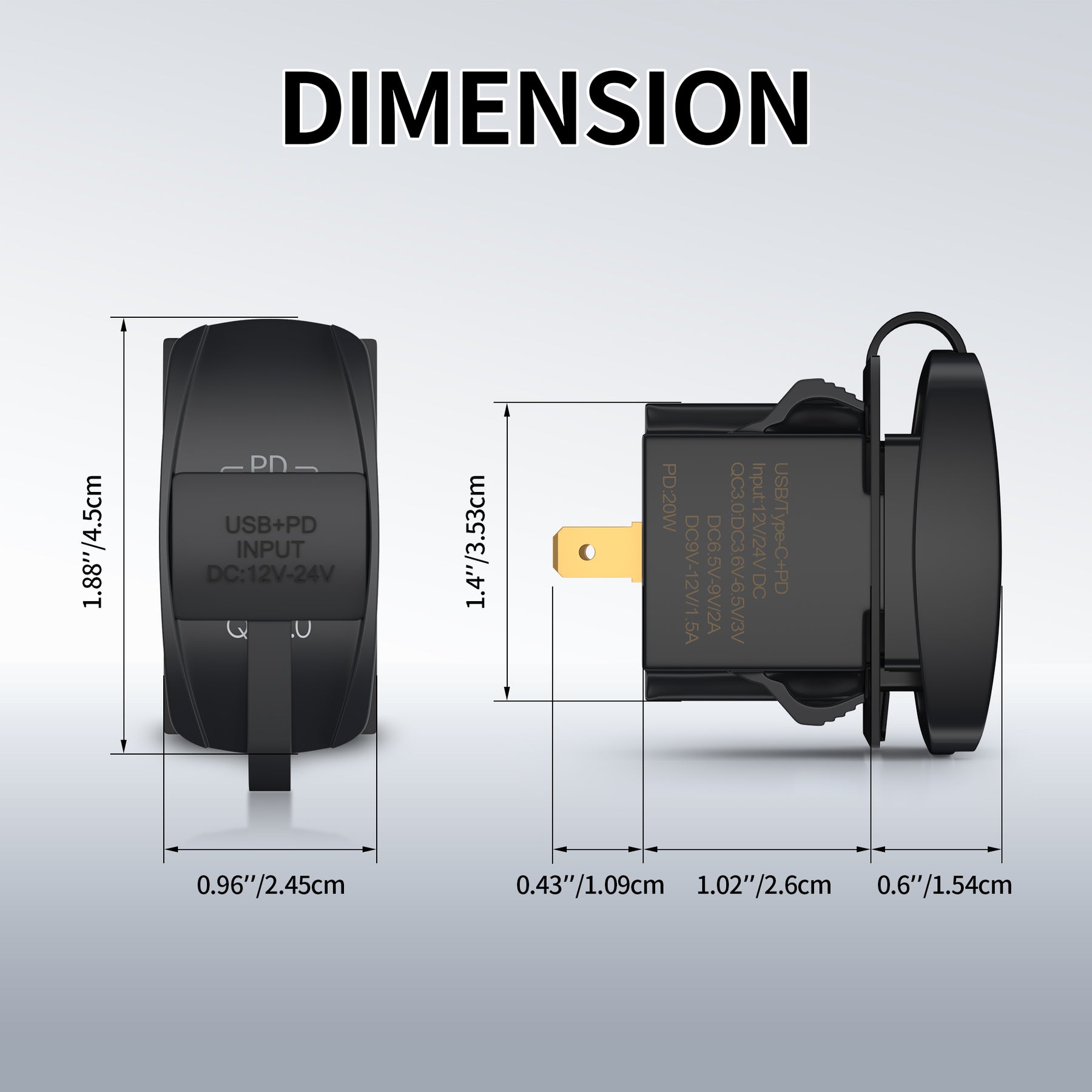 38W 12V/24V PD 3.0 & QC 3.0 Dual Port USB Rocker Switch Charger – DAIER