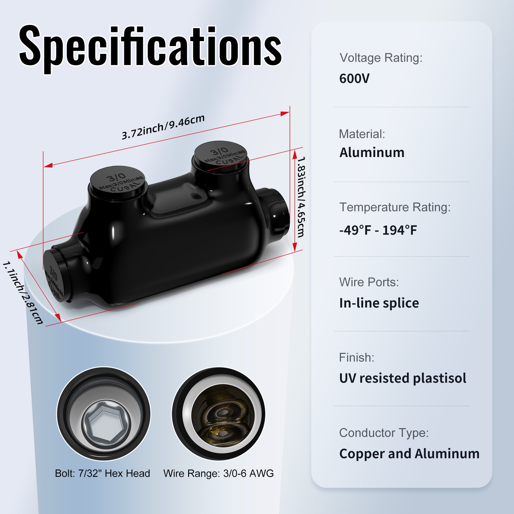 3/0 AWG – 6 AWG 2-Port Inline Splice Multi-Tap Pre-Insulated Connector ...