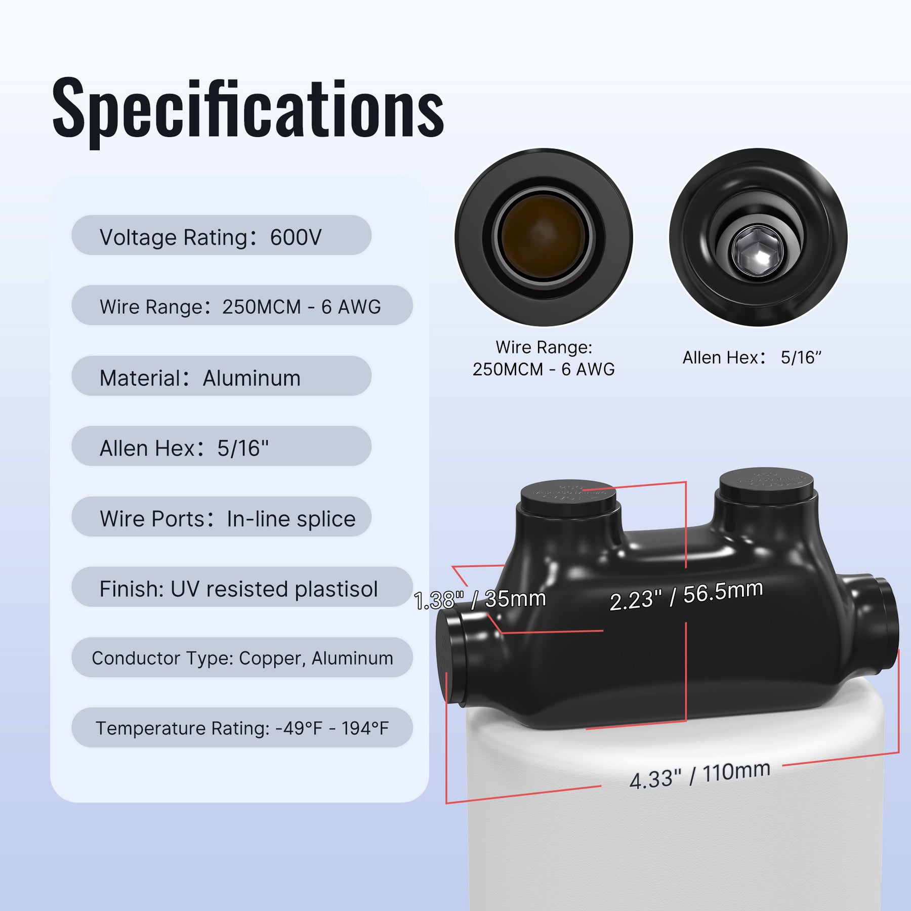 250 MCM – 6 AWG 2-Port Inline Splice Multi-Tap Pre-Insulated Connector ...