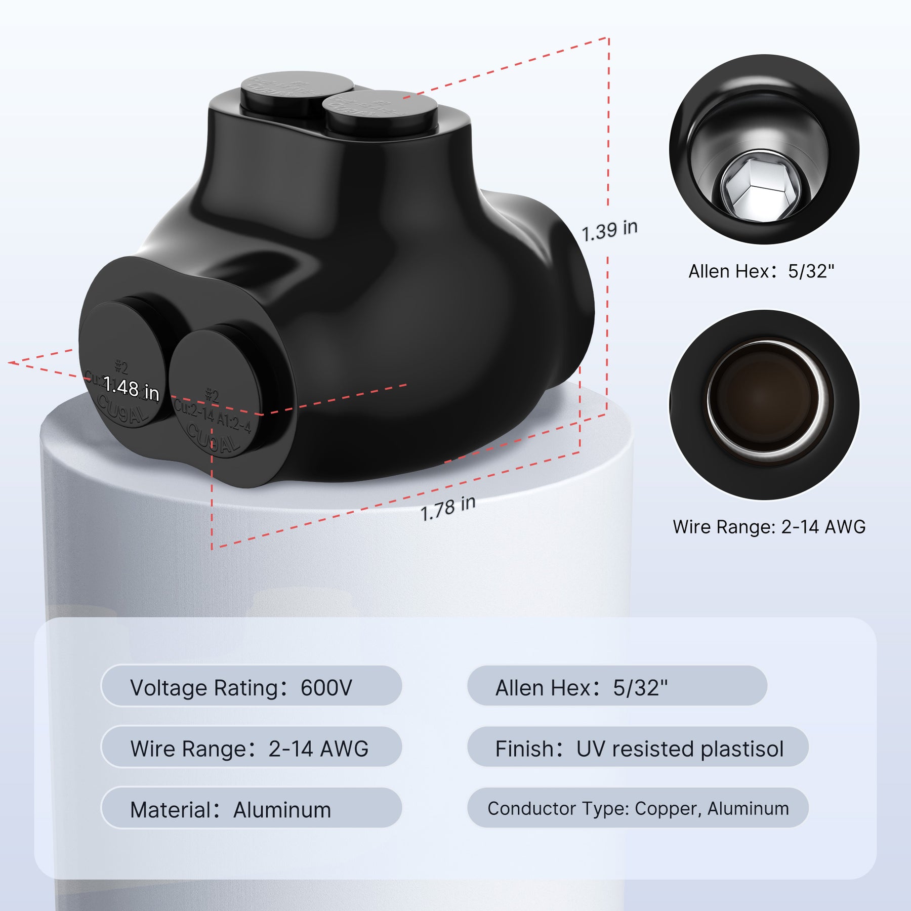 2-14 AWG Aluminum 2 Ports Dual-Side Entry Insulated Splice Connector ...