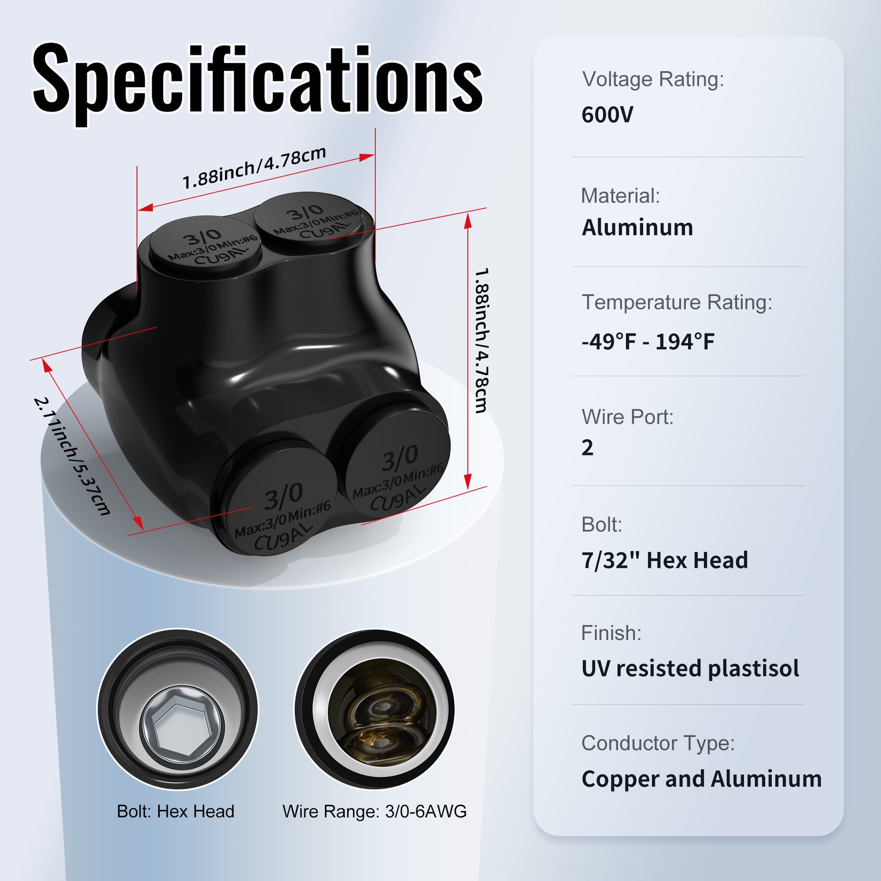 3/0 AWG - 6 AWG 2-Port Dual-Sided Entry Multi-Tap Pre-Insulated Connec ...
