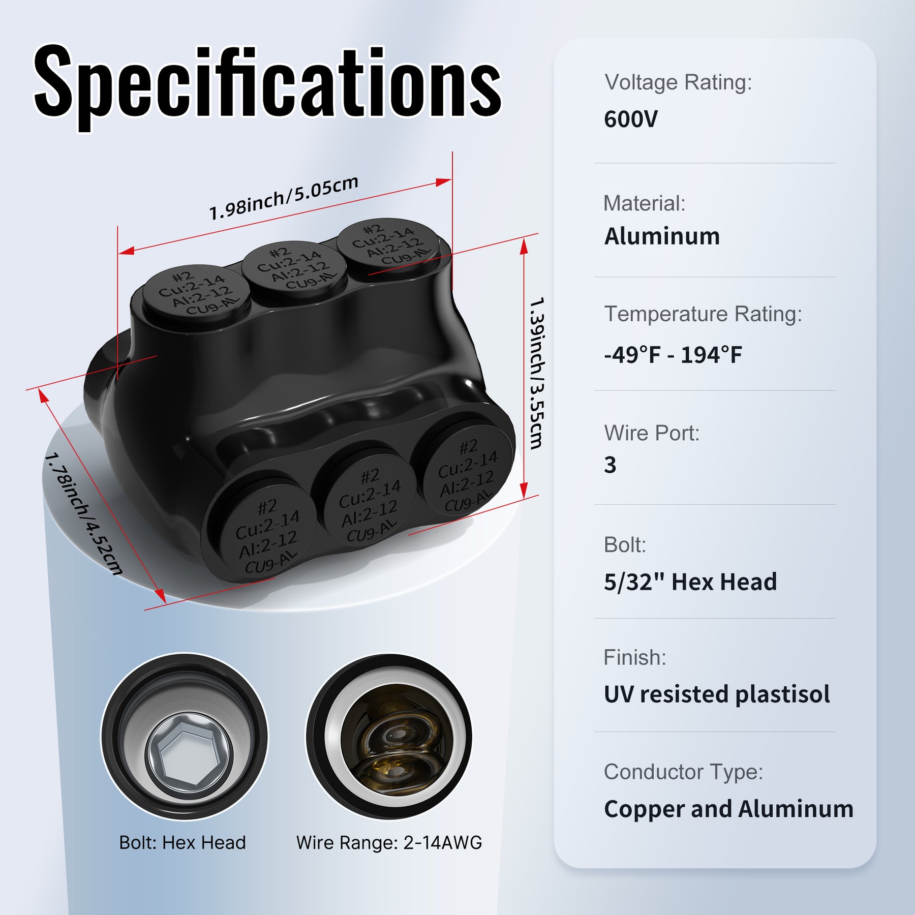 2 AWG – 14 AWG 3-Port Dual-Sided Entry Multi-Tap Pre-Insulated Connect ...