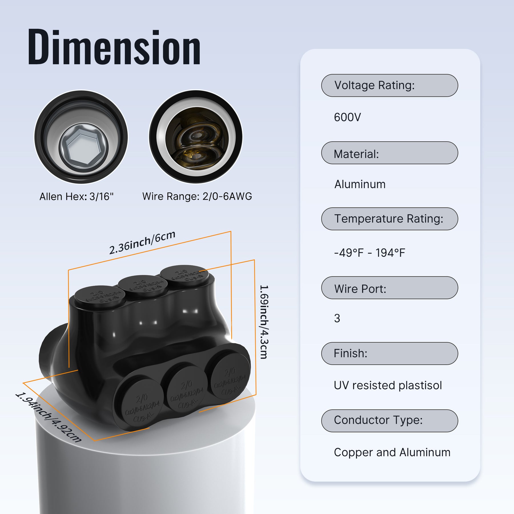 2/0-6AWG 3 Port Dual Entry Pre-Insulated Splice Power Wire Connector ...