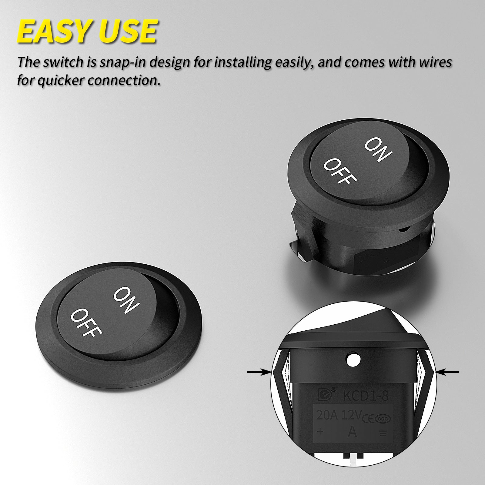 5PCS 20MM 20A 12VDC 2 Position Round Rocker Switch with ON OFF Symbol ...