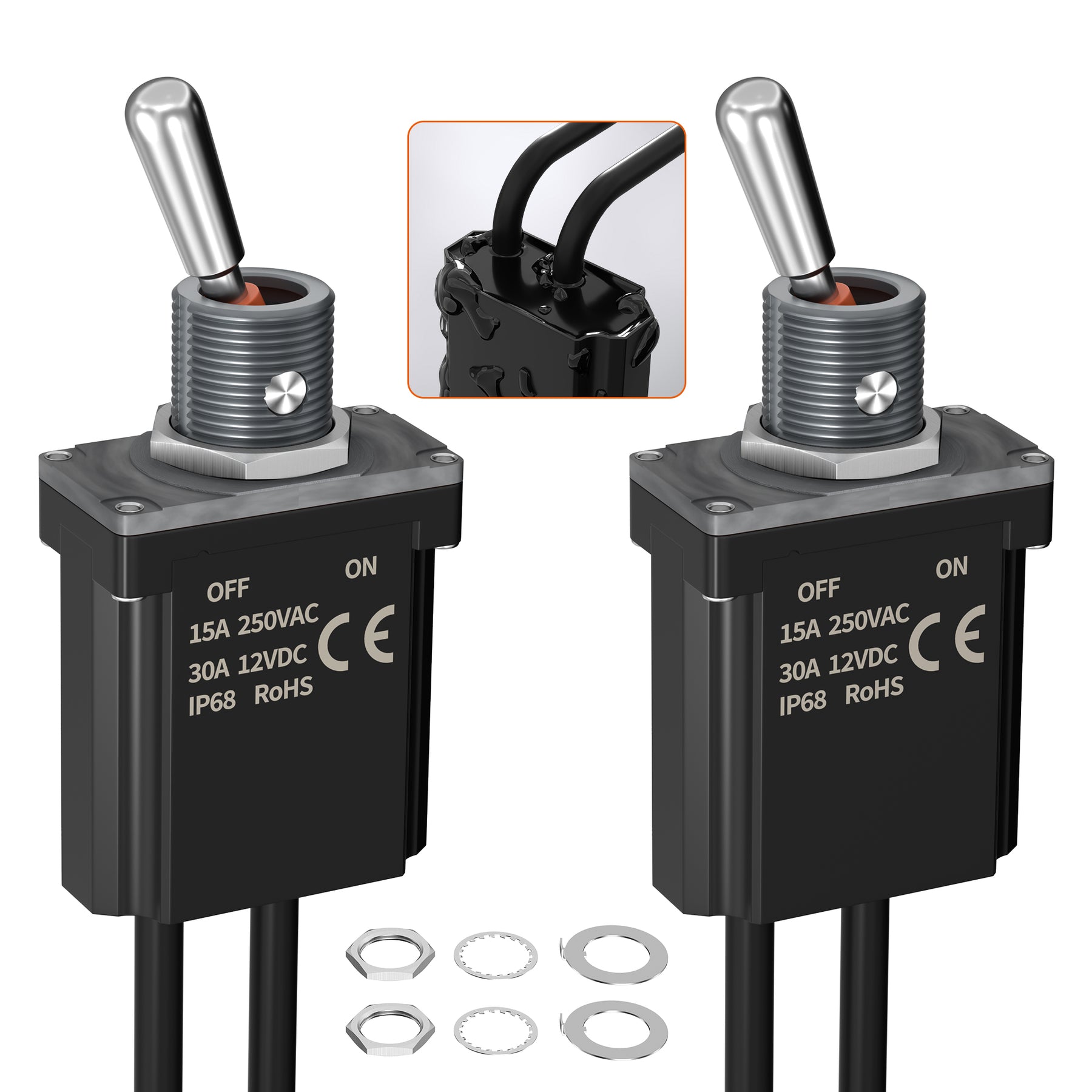 2PC IP68 Waterproof Pre-Wired Toggle Switch - 30A 12VDC SPST ON-OFF 2 ...
