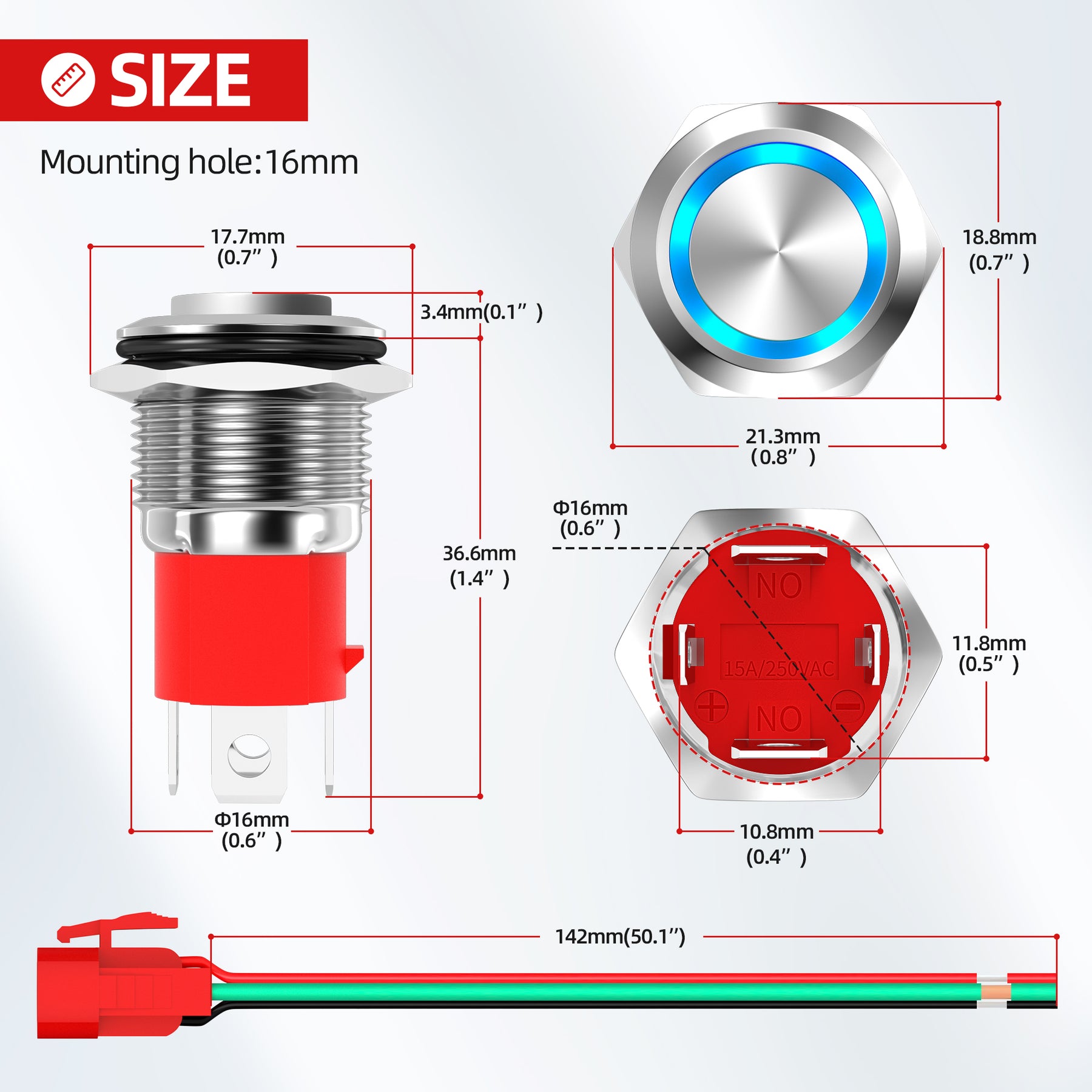 16mm 20A 12V High Head Latching Metal Push Button Switch w/ Ring LED ...