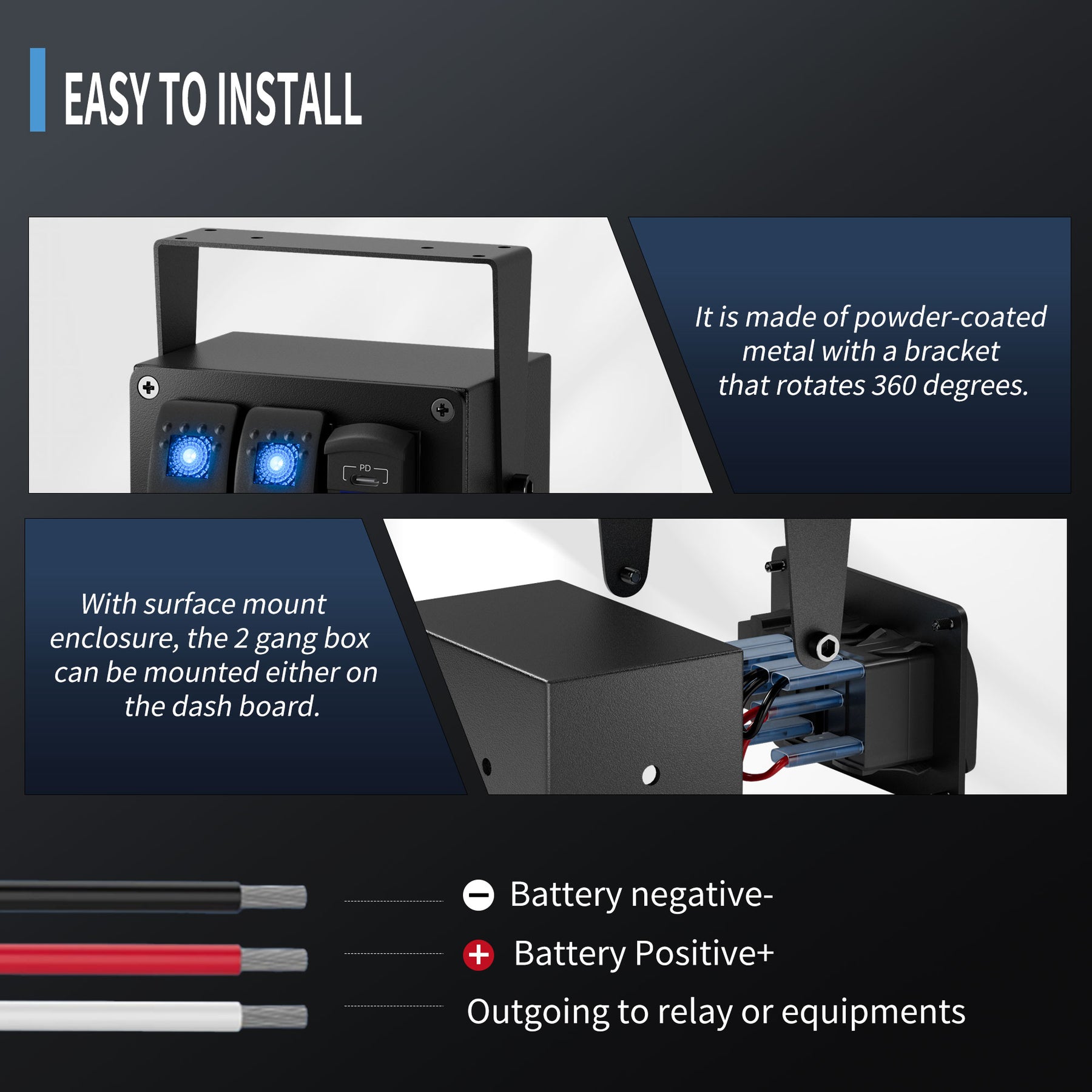 2 Gang Rocker Switch Panel Box with PD Type C and QC 3.0 USB Charger ...