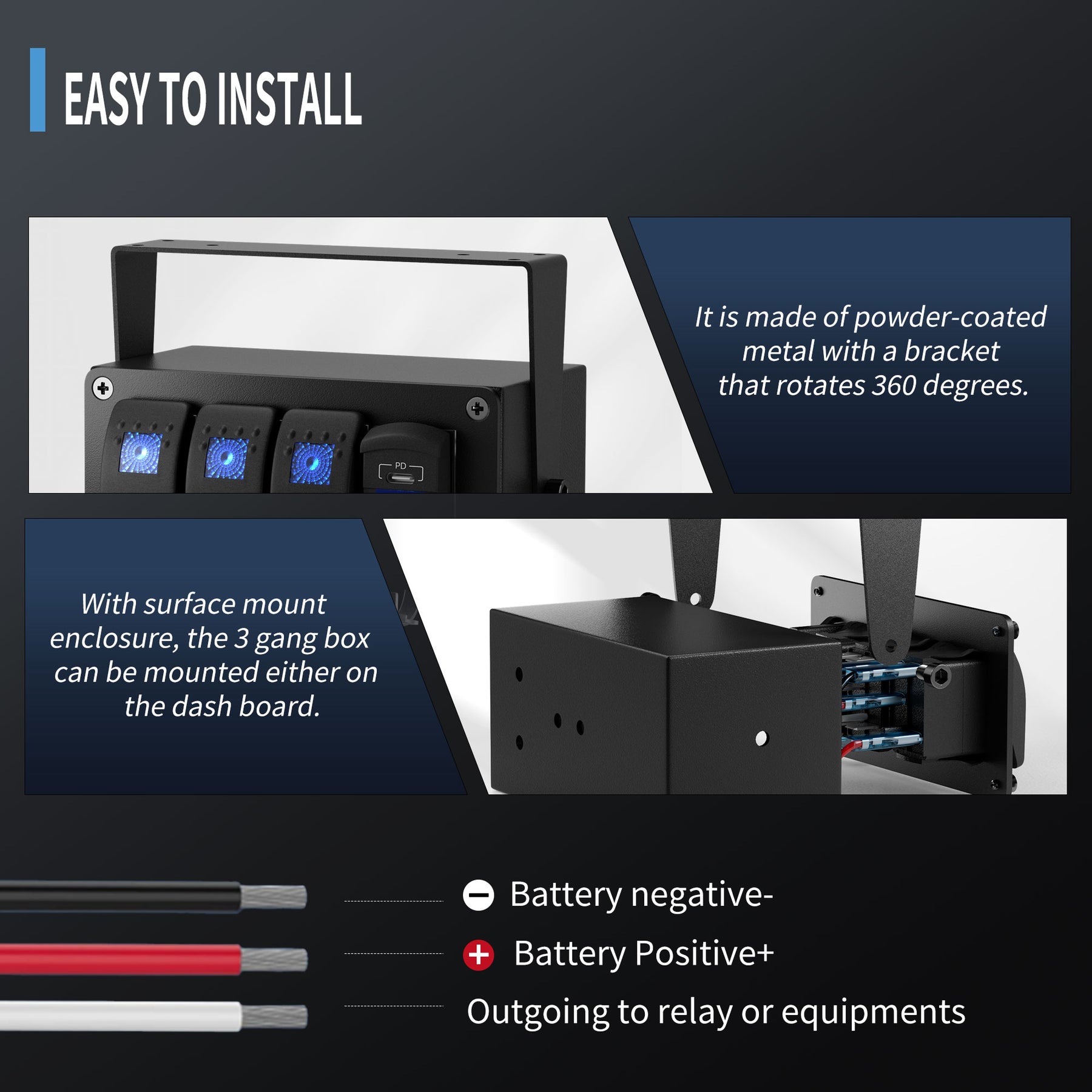 3 Gang Rocker Switch Box w/ Dual USB Charger (PD & QC 3.0) & Voltmeter ...
