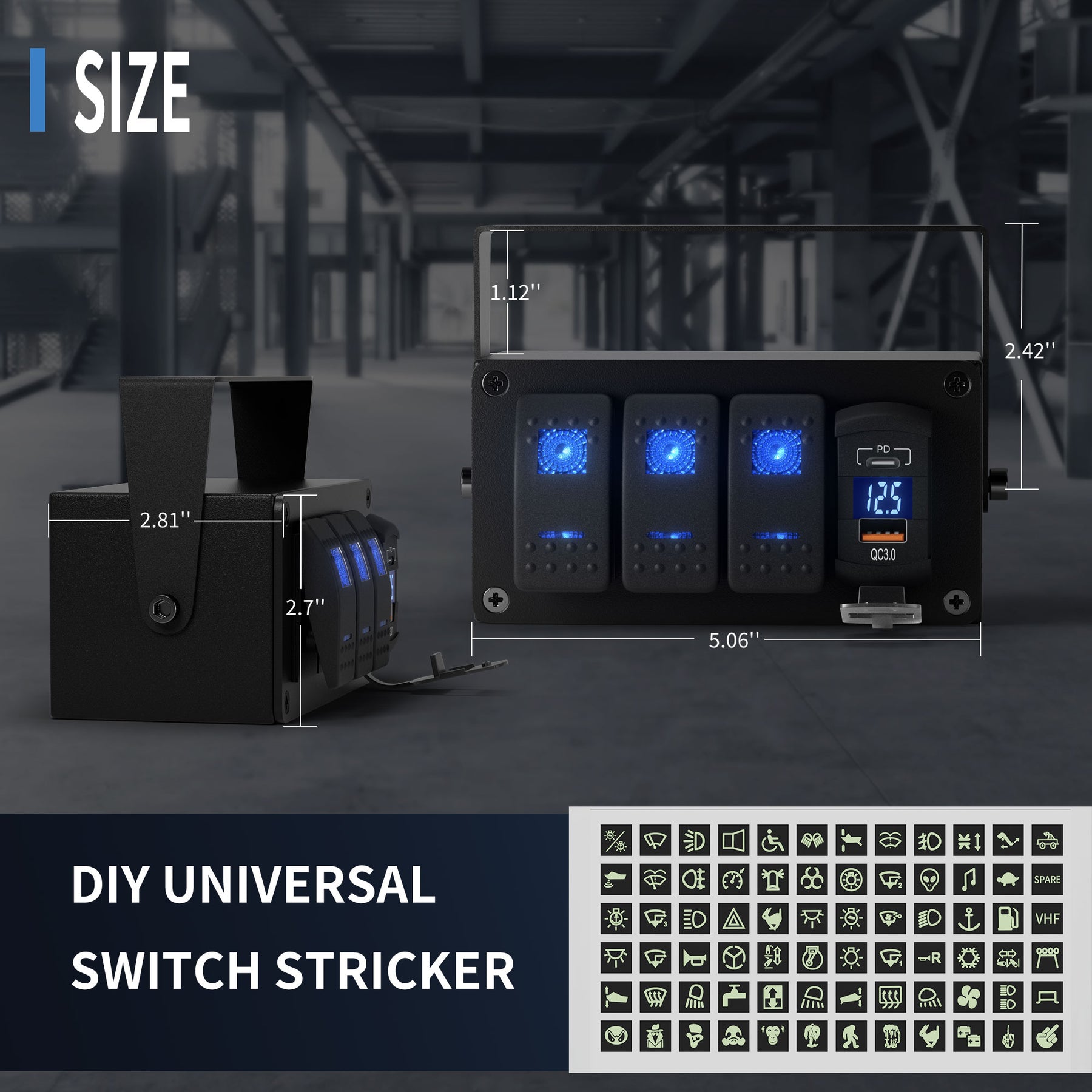 3 Gang Rocker Switch Box w/ Dual USB Charger (PD & QC 3.0) & Voltmeter ...