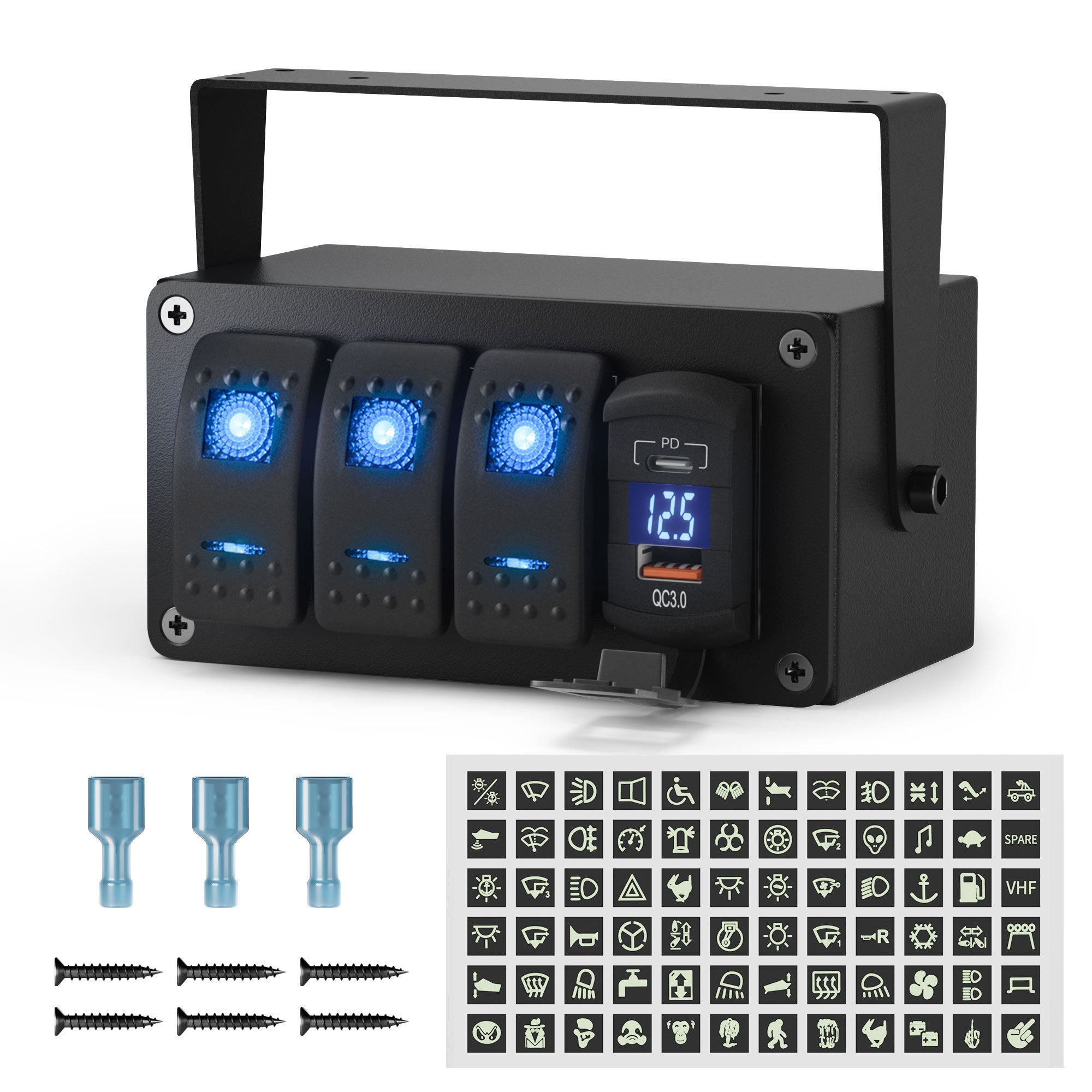 3 Gang Rocker Switch Box w/ Dual USB Charger (PD & QC 3.0) & Voltmeter ...