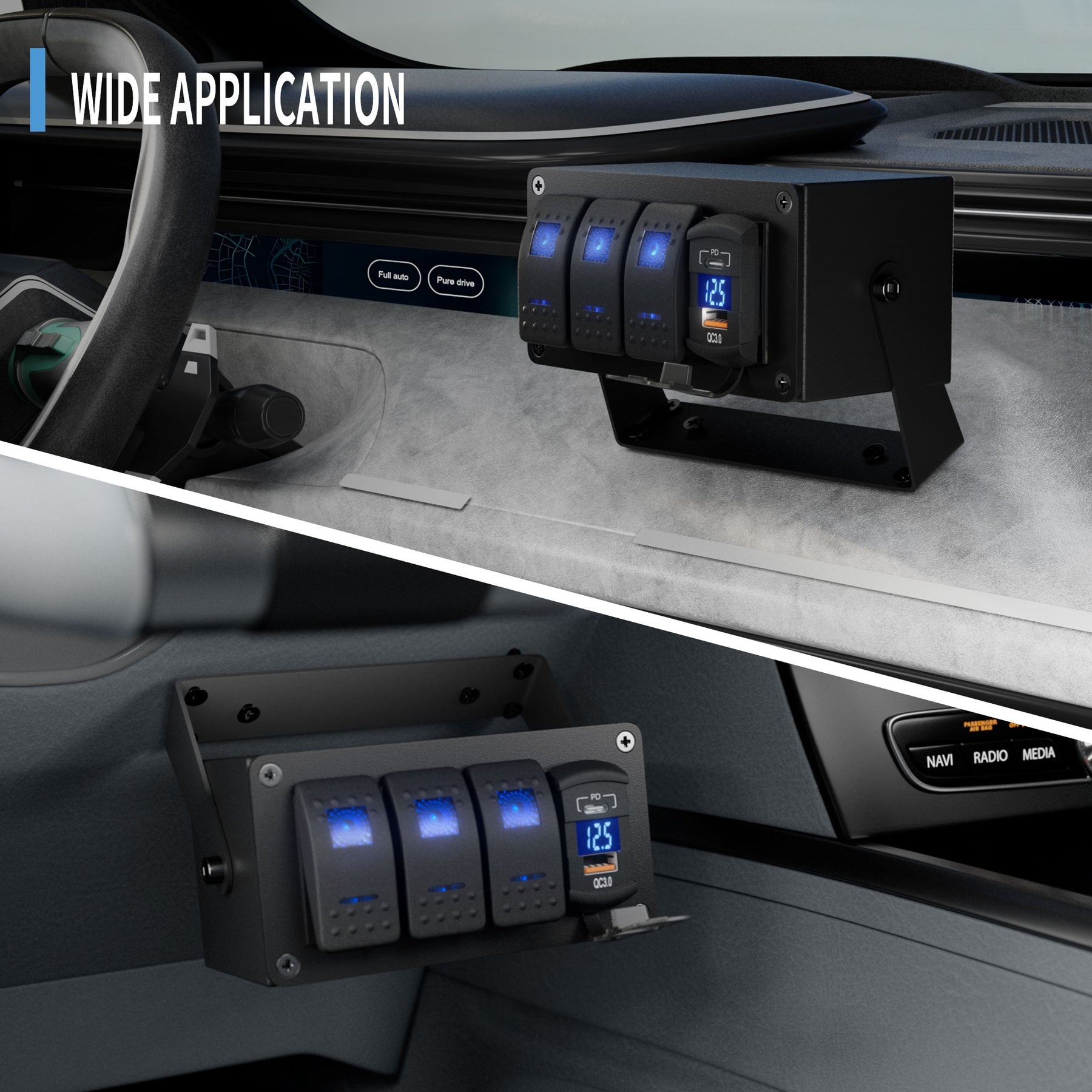 3 Gang Rocker Switch Box w/ Dual USB Charger (PD & QC 3.0) & Voltmeter ...