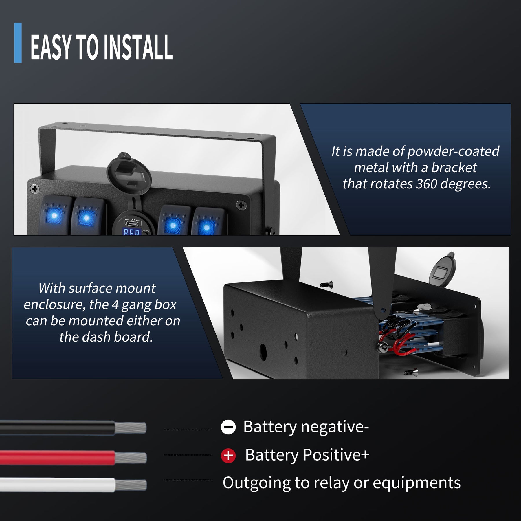 4 Gang Rocker Switch Box with Dual USB Charger (PD & QC 3.0) & Voltmet ...