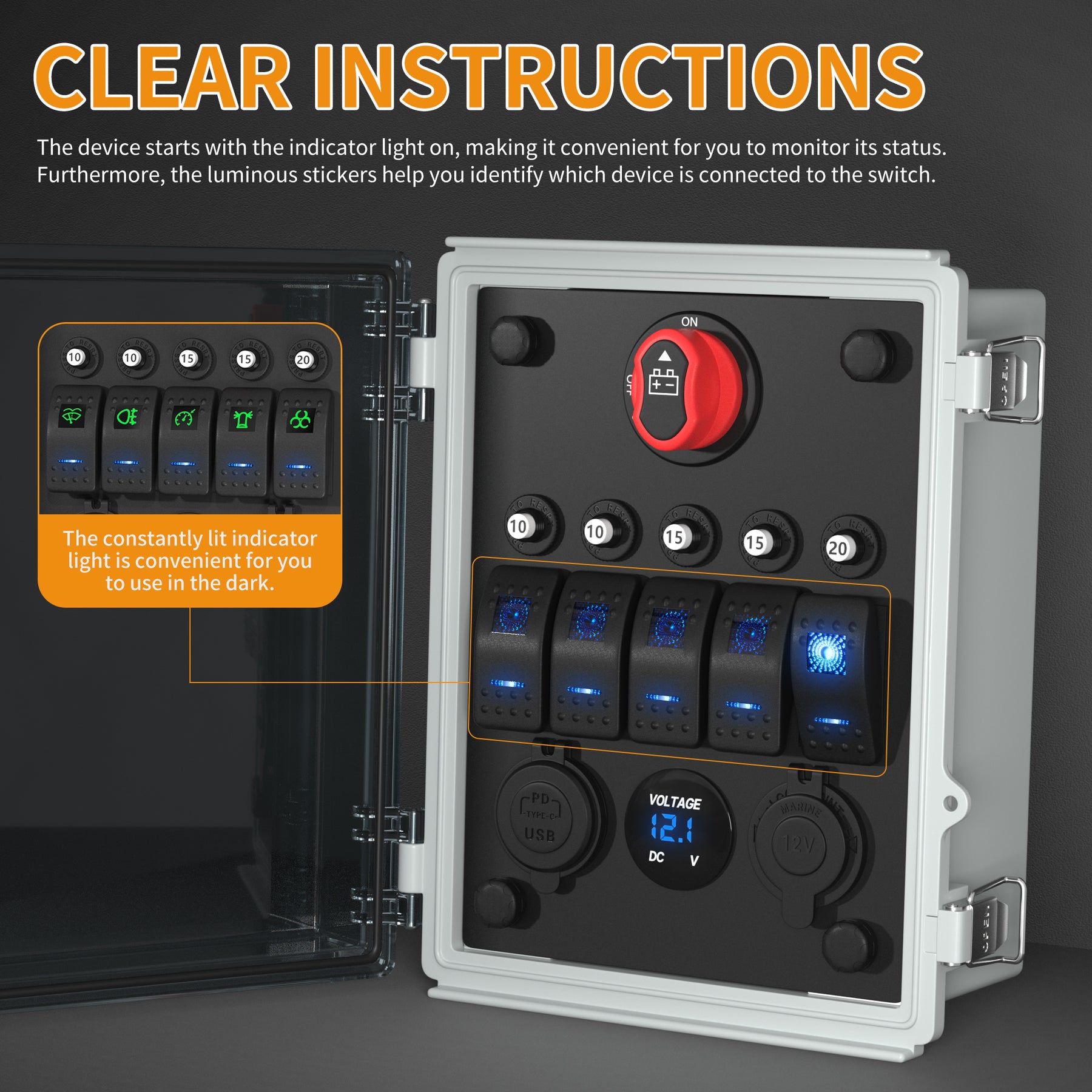 12V Waterproof Battery Power Control Hub Box with Rocker Switch Panel ...