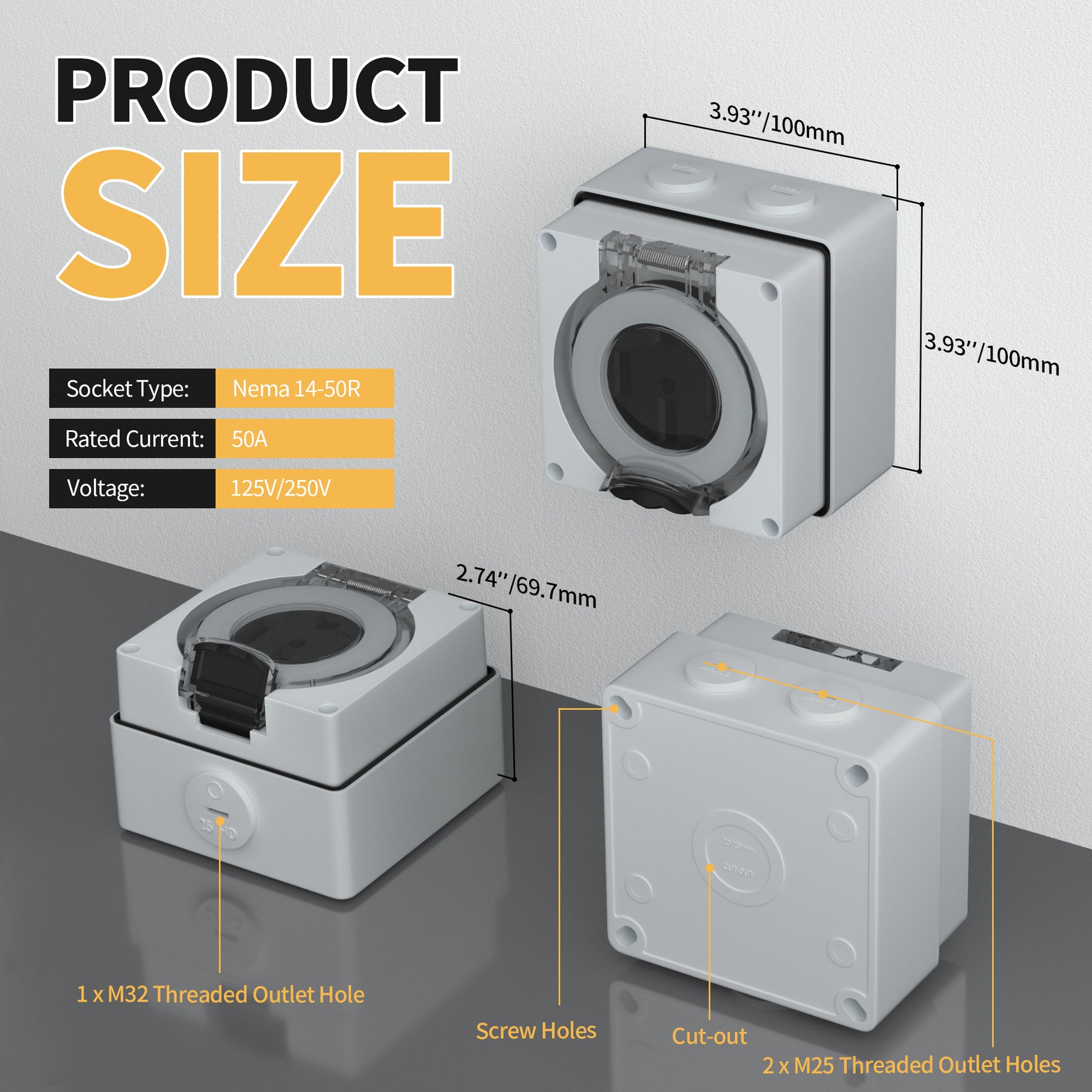 IP66 50A RV Outlet Panel Box with 125/250V NEMA 14-50R RV Receptacle E ...