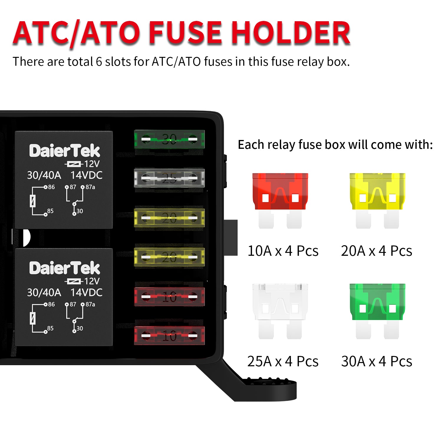 12V Auto 6 Way Fuse and Relay Box with ATC/ATO Fuses and Relays – DAIER