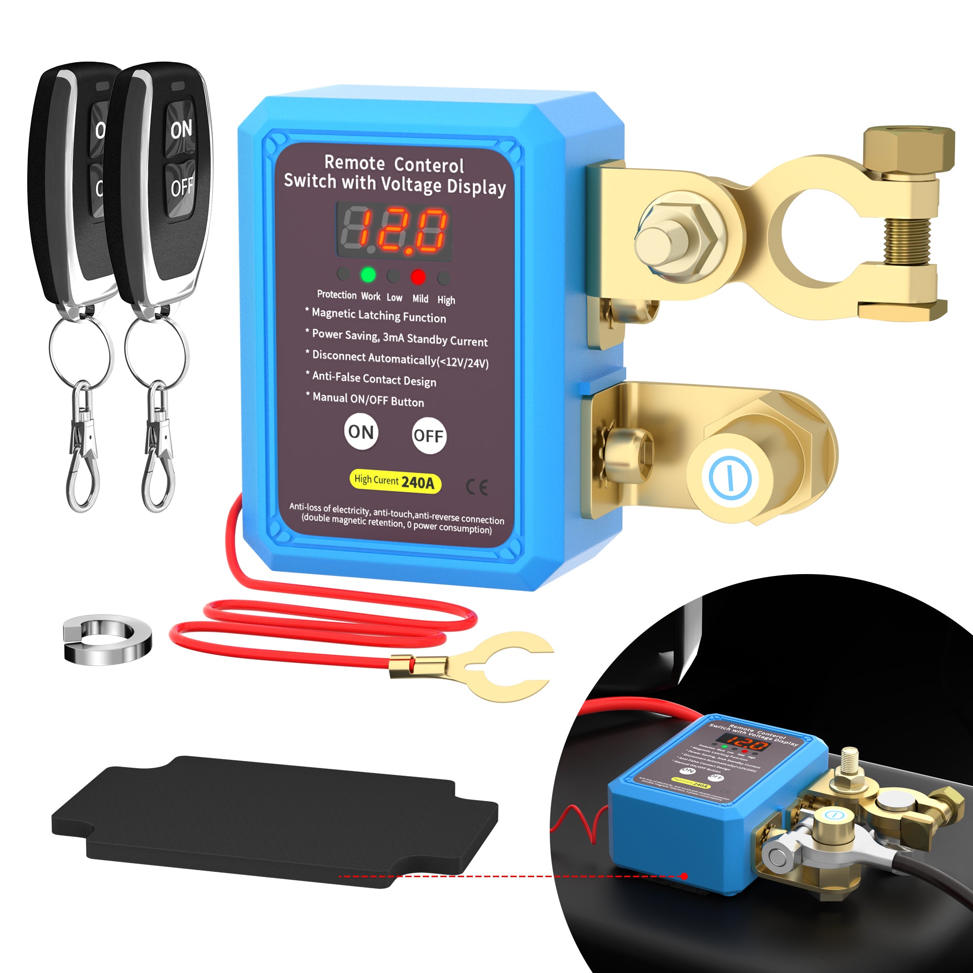 12V/24V 240A ON-OFF Remote Control Battery Switch with LED Voltage Dis ...