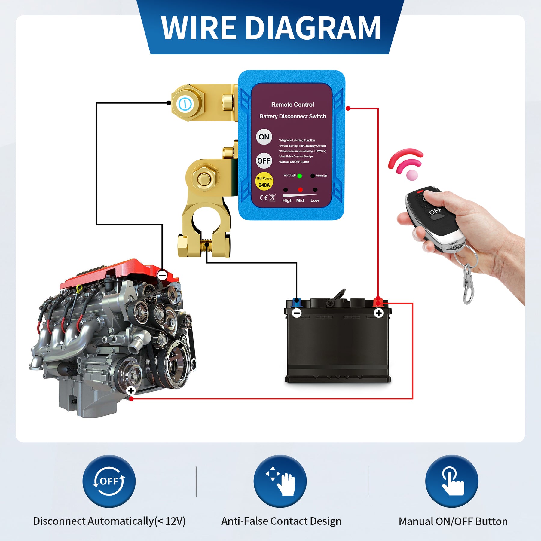 240A 12V/24V Remote Control Battery Kill Switch with 1000 Cold Crankin ...